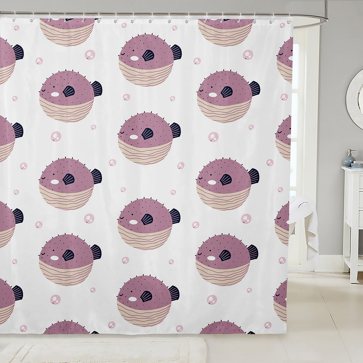 Funny Puffer Fish Decor Shower Curtain 72"Wx72"L,Cute Cartoon Sea ...