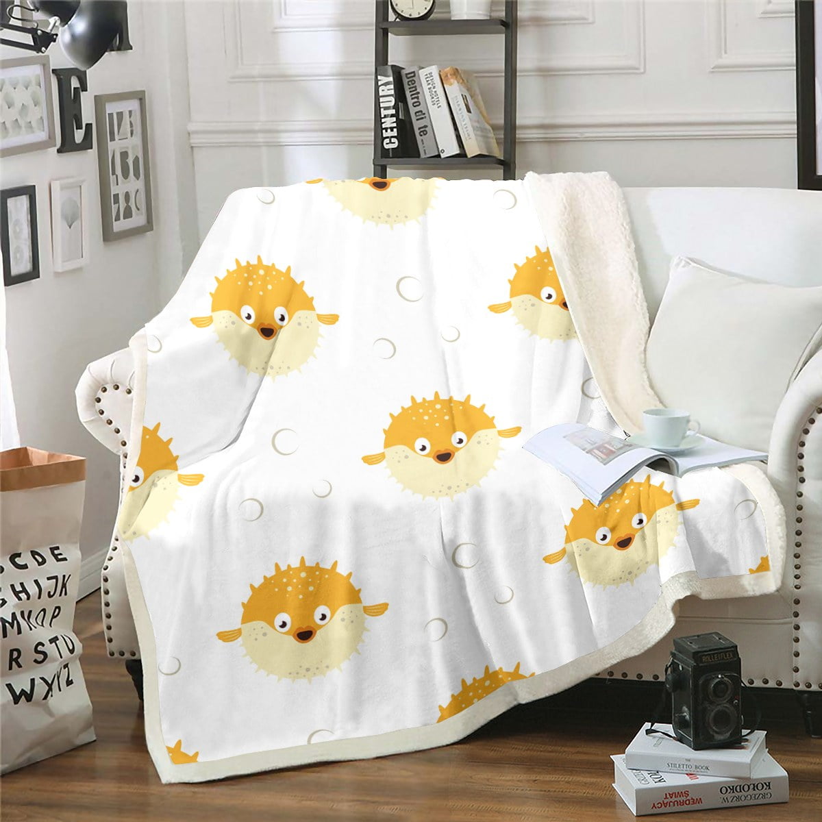 Funny Puffer Fish Throw Blanket for Kids Cartoon Ocean Animals Fleece ...