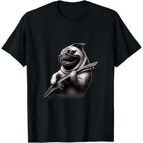 Funny Pug Dog Playing Electric Guitar for Unisex Short Sleeve Graphic T ...