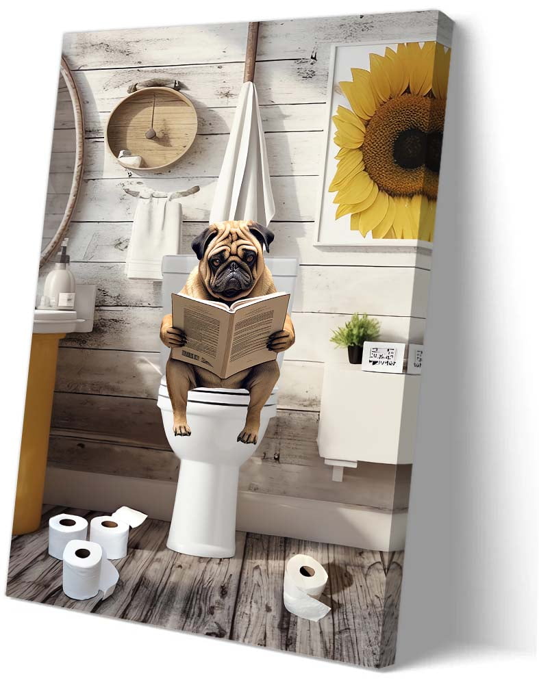 Funny Pug Dog Poster Bathroom Wall Art Pug on Toilet Reading Newspaper ...