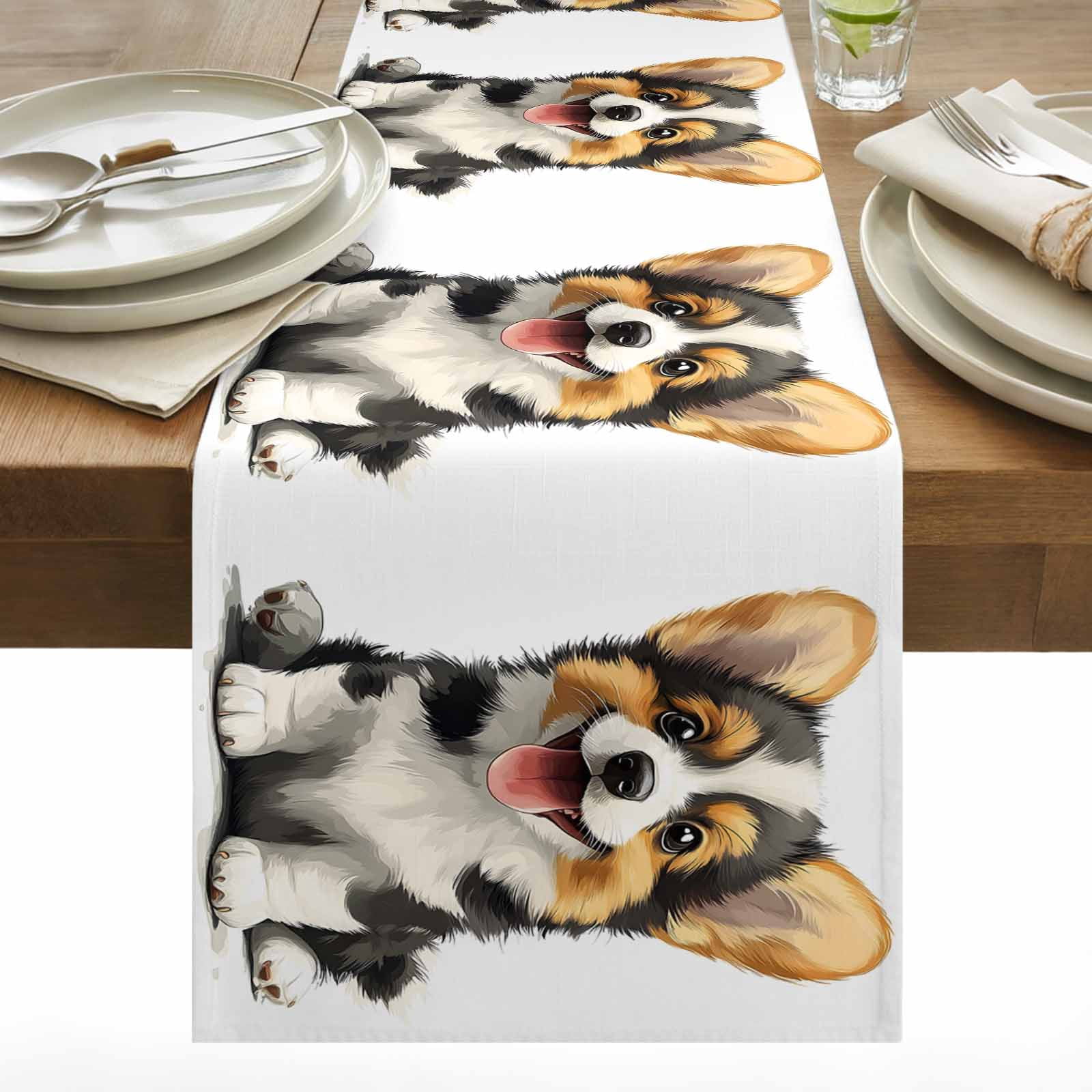 Funny Puppy Cotton Linen Table Runner Cute Cartoon Watercolor Brown ...
