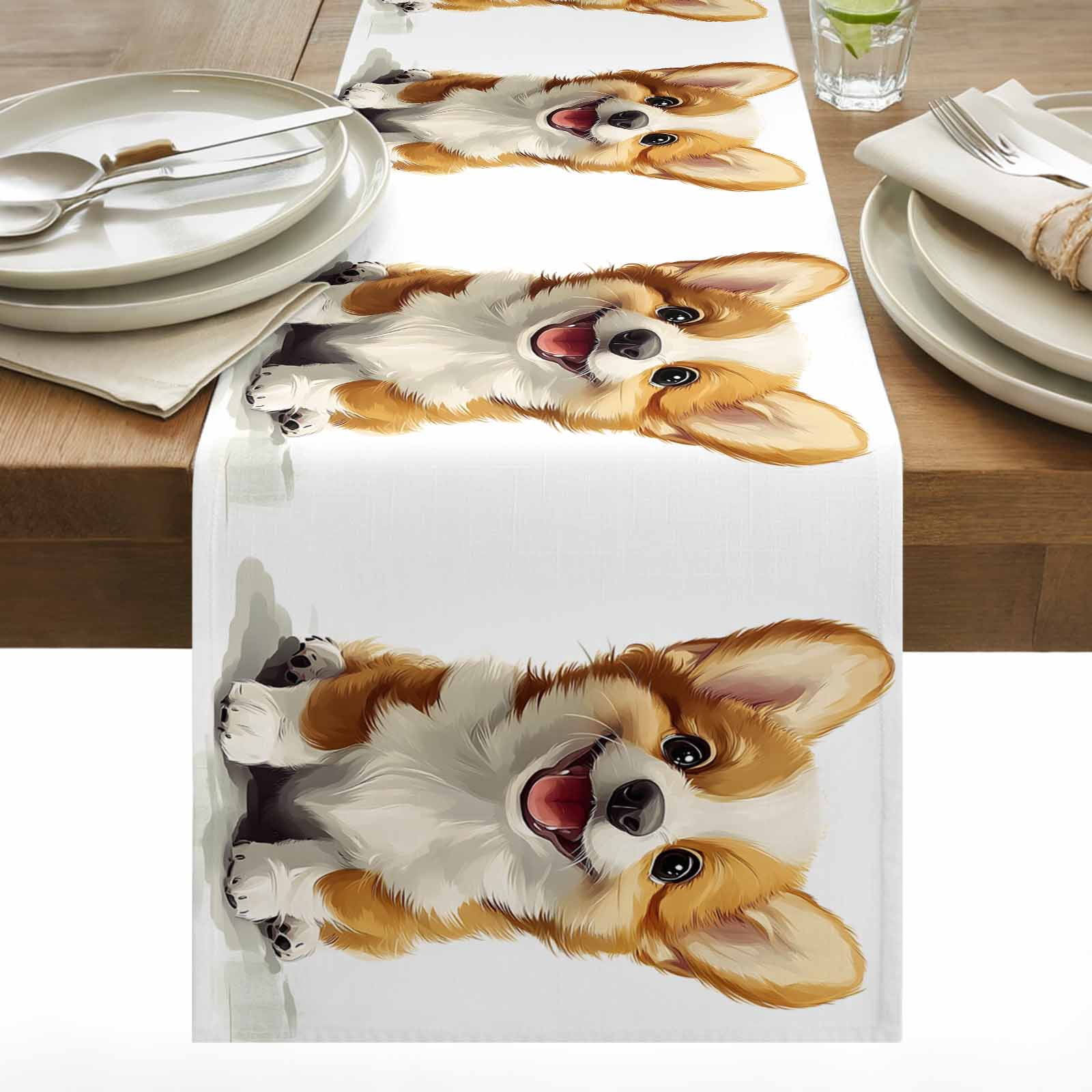 Funny Puppy Cotton Linen Table Runner Cute Cartoon Watercolor Brown Dog ...