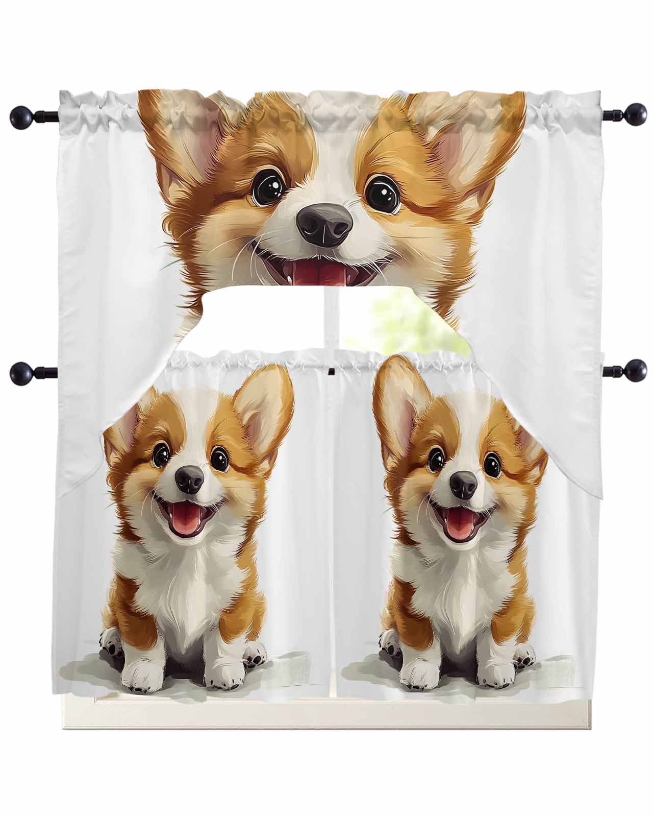 Funny Puppy Kitchen Curtains Swag Valance and Tier Curtains Set 24 Inch ...