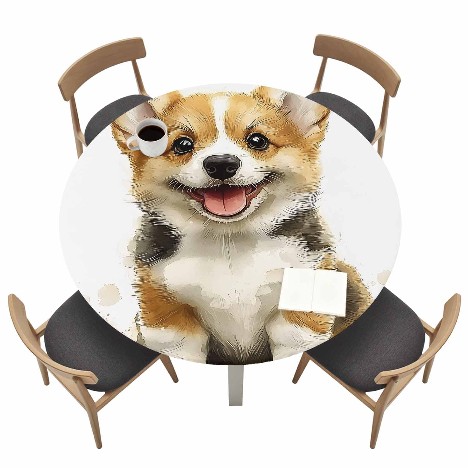 Funny Puppy Round Fitted Tablecloth with Elastic Edge Watercolor Cute ...
