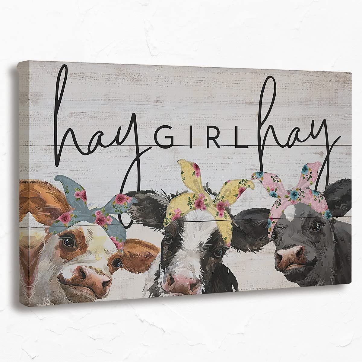 Funny Quote Cute Cows Canvas Wall Art Prints,Hay Girl Hay Wood Texture ...