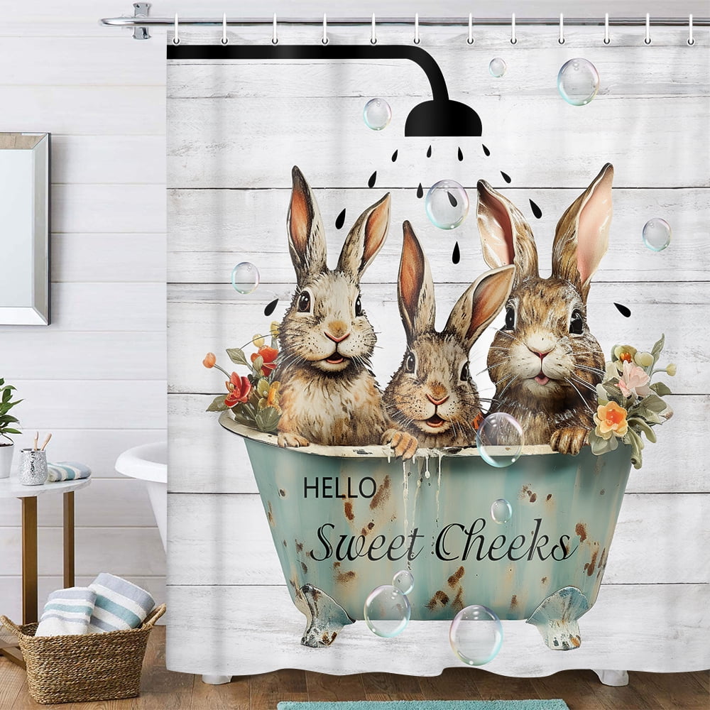 Funny Rabbit Shower Curtain, Farmhouse Rabbit Animal on Rustic Wood ...