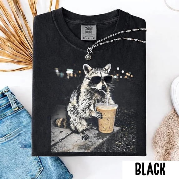 Funny Raccoon Drinking Iced Coffee Graphic T-Shirt, Retro Animal Meme ...
