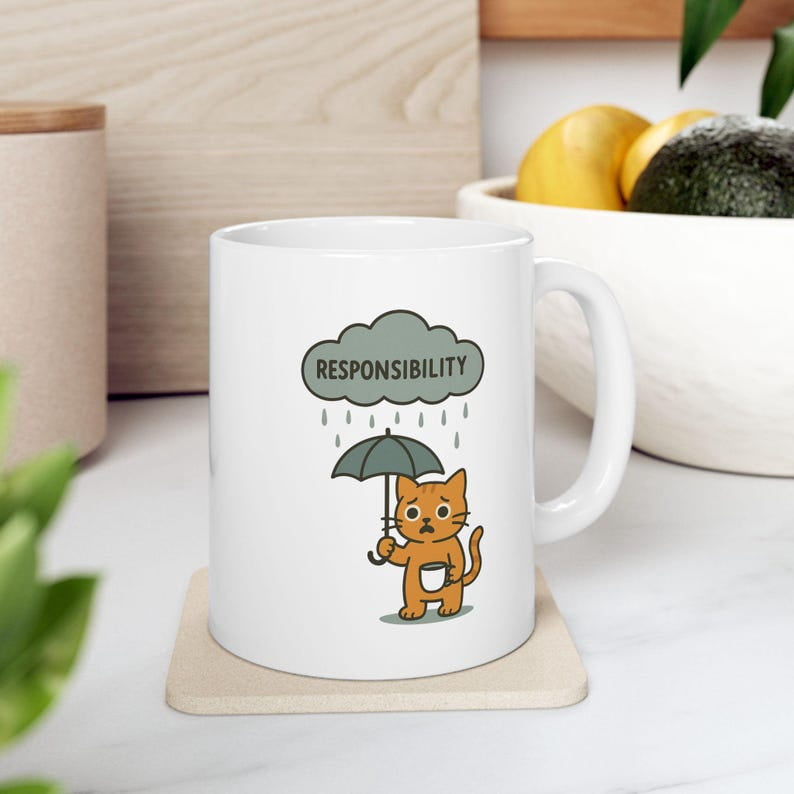 Funny Responsibility C1At Mug, Sad Kitty Holding Umbrella in Rain ...