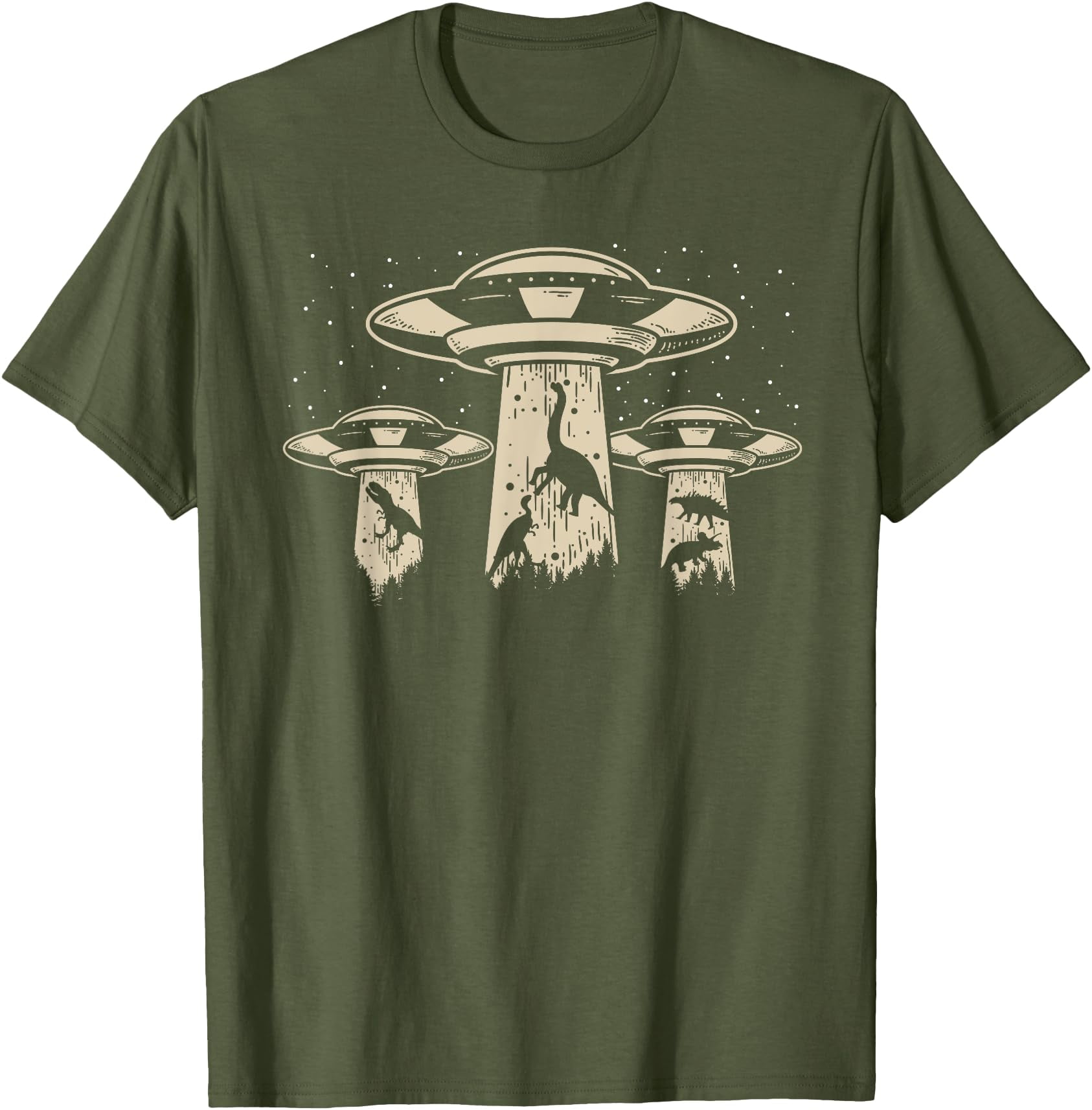 Funny Retro Alien UFO Abduction Dinosaur Unisex T-Shirt for Men Women Kids,Military Green Color ...
