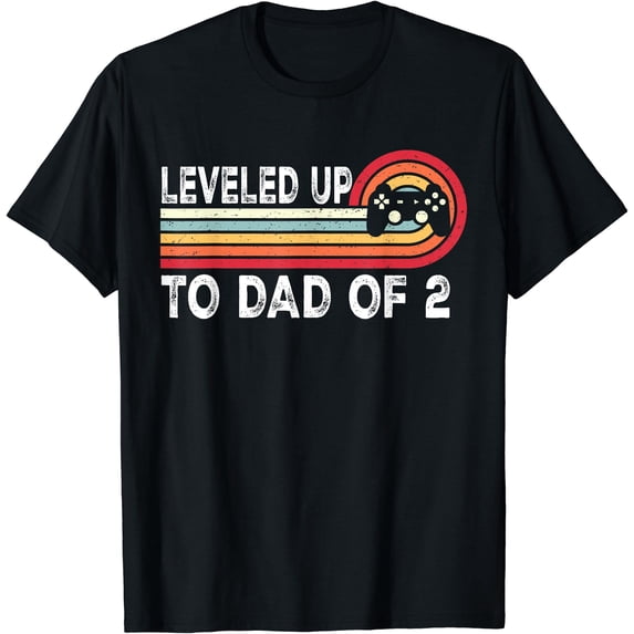 Funny Retro Leveled Up Dad of 2 Daddy Again Pregnancy Reveal T-Shirt ...