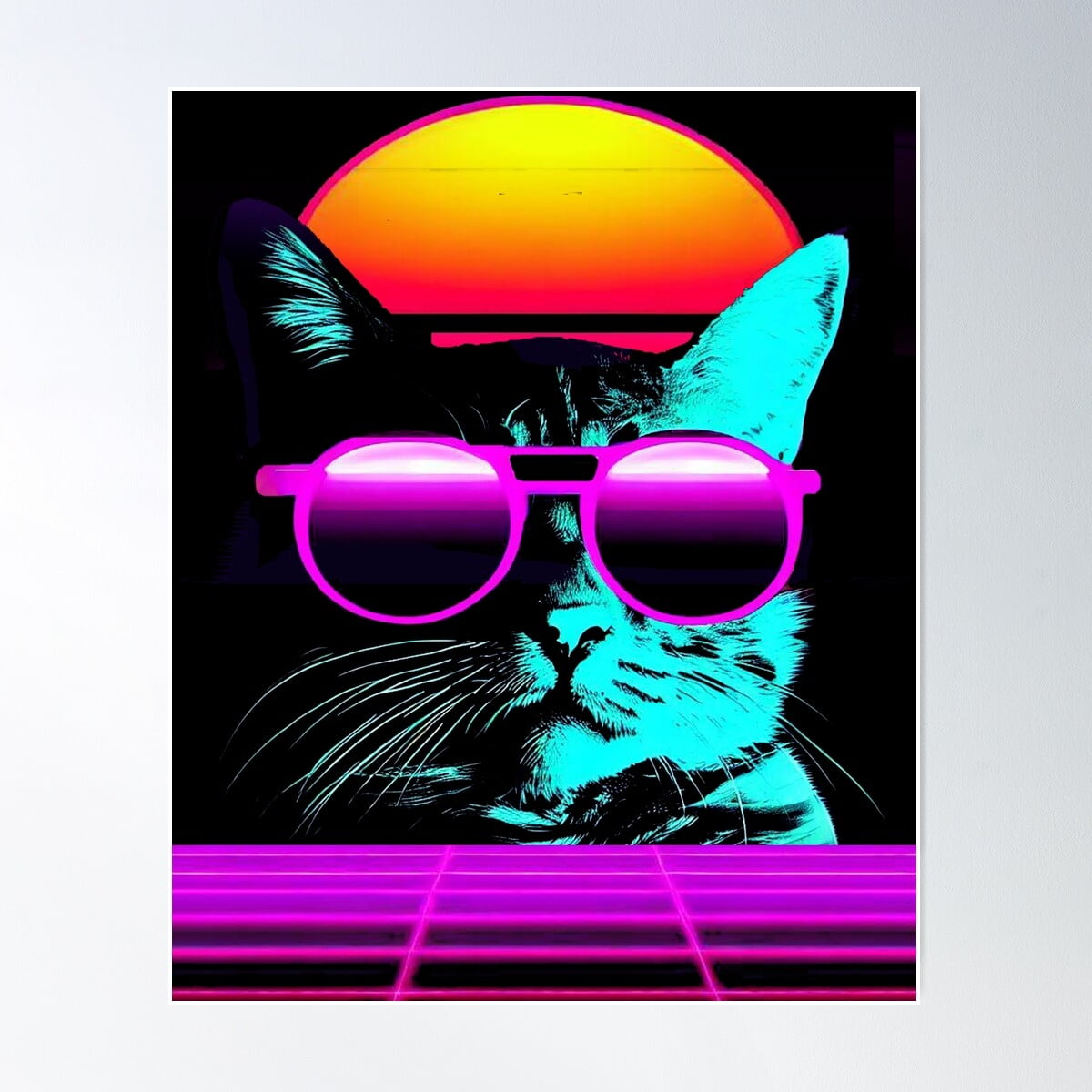 Funny Retro Vaporwave Synthwave Cat Poster Wall Art, Modern Wall Decor ...