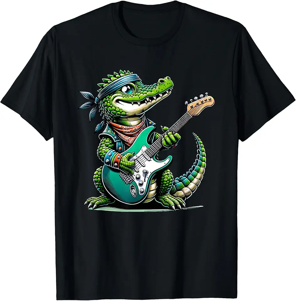 Funny Rock and Roll Alligator Electric Guitar Unisex Music Graphic Tee ...