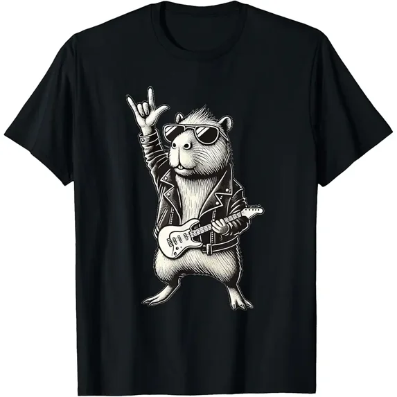 Funny Rocker Capybara Guitar Player Unisex Short Sleeve T-Shirt ...