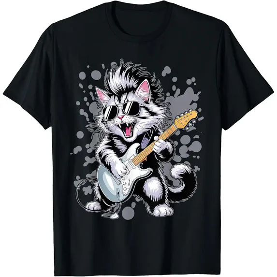 Funny Rocker Cat Graphic for Music Lovers Unisex Short Sleeve Casual T ...