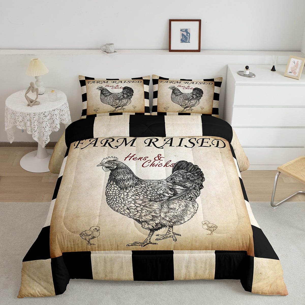 Funny Rooster Comforter Set Queen Size, Farm Animal Bedding Set Chicken ...