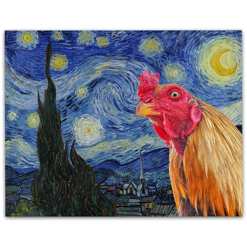 Funny Rooster Starry Night Parody 11x14 Unframed Poster – Animal-Themed ...