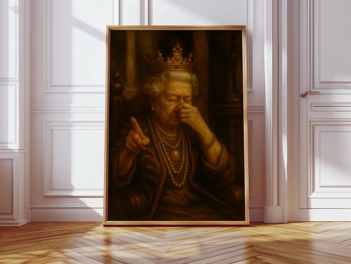 Funny Royal Portrait Wall Art – Dramatic Queen Holding Nose Print ...