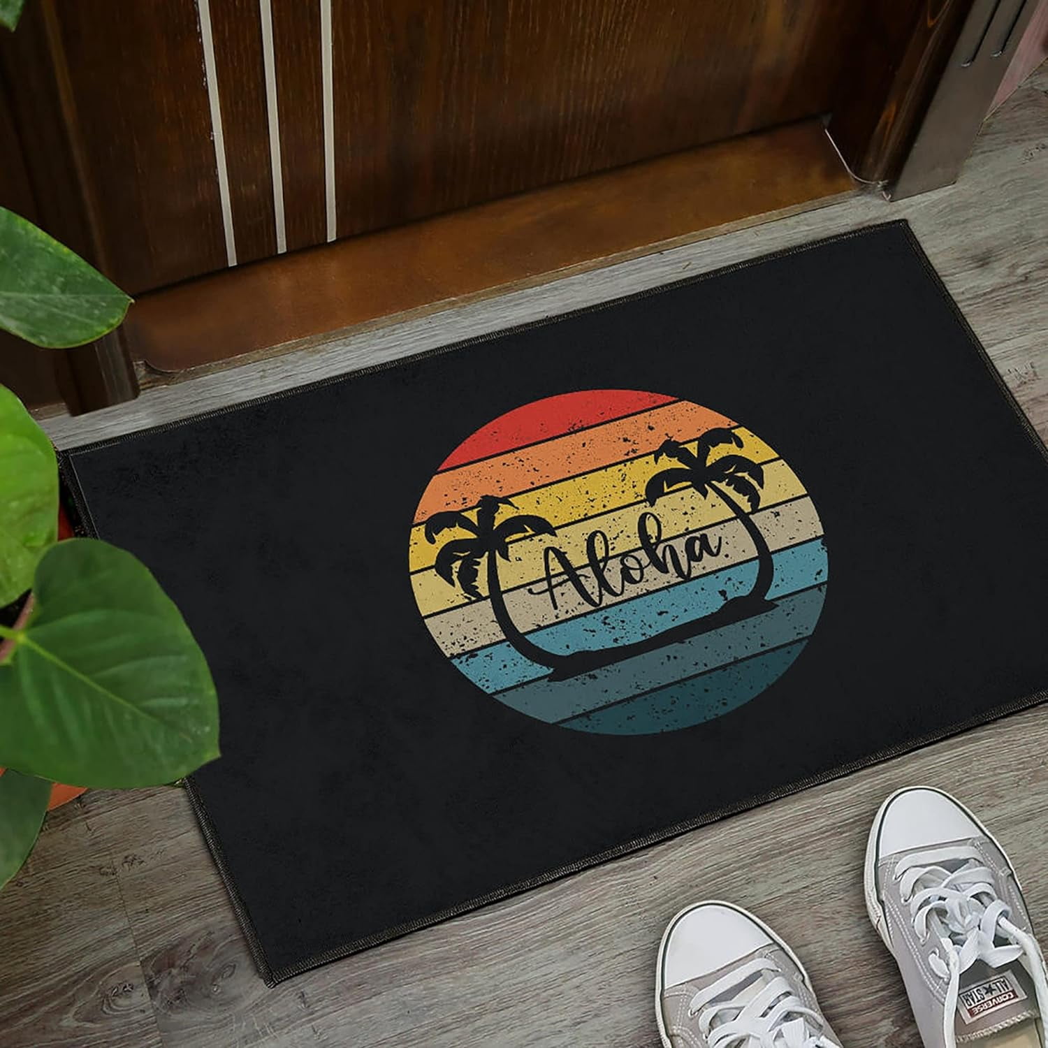 Funny Rug for Front Door Aloha Doormat Retro Sunset with Palm Trees On ...
