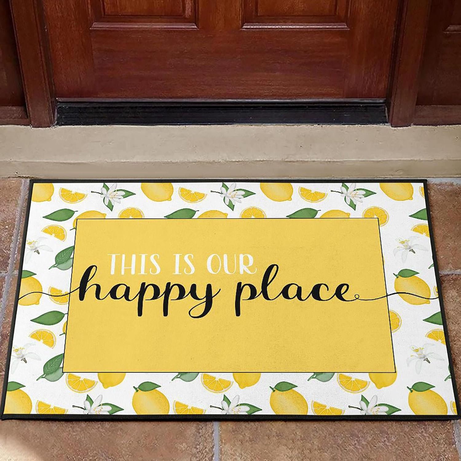 Funny Rug Mat This is Our Happy Place Door Mat White Yellow Black Lemon ...