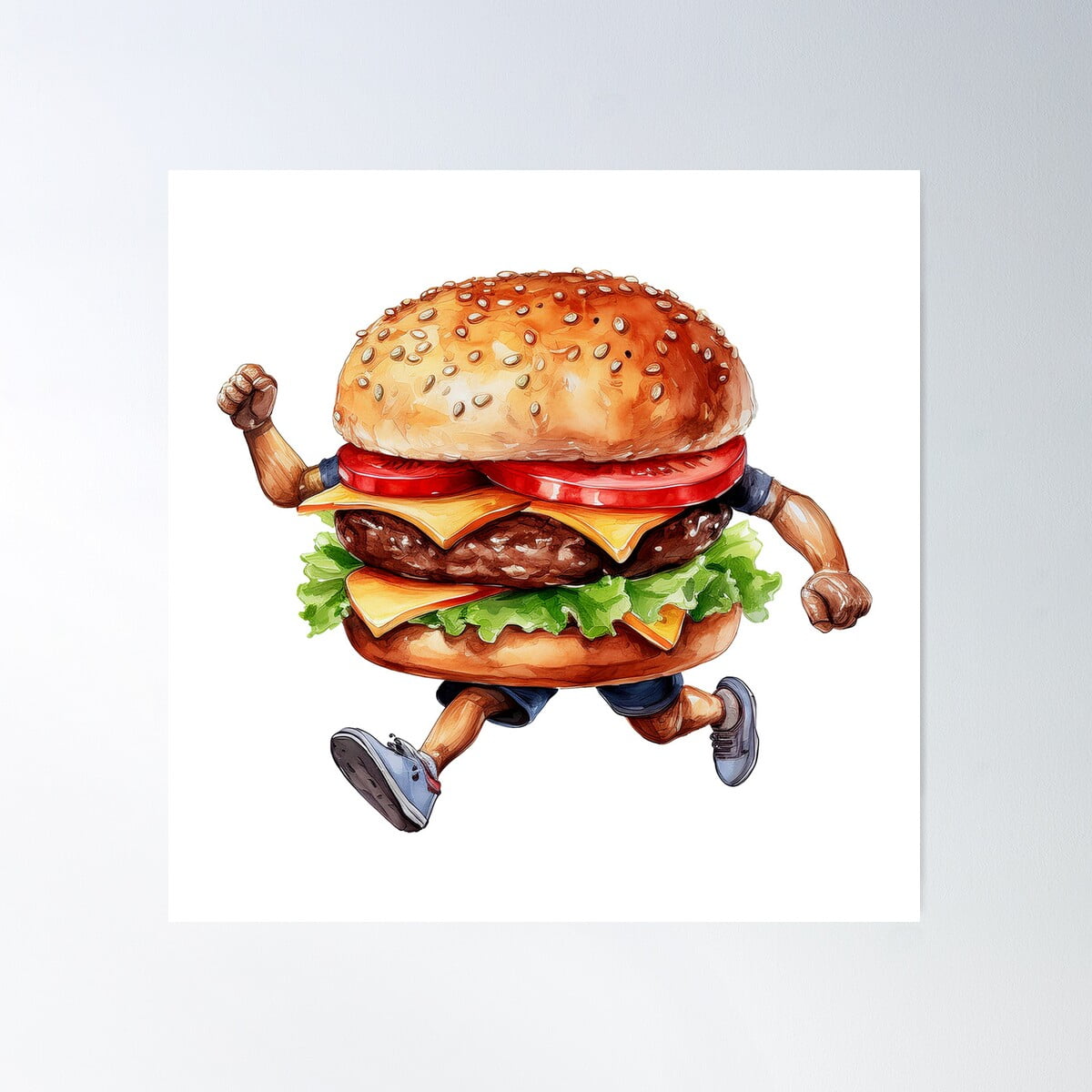 Funny Running Cheeseburger Cartoon Poster Wall Art, Modern Wall Decor ...