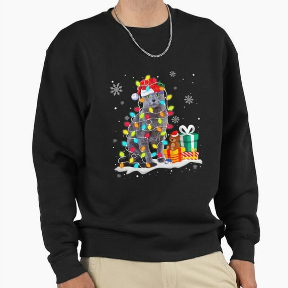 Funny Russian Blue Christmas Light Cat Graphic Unisex Sweatshirt Retro ...