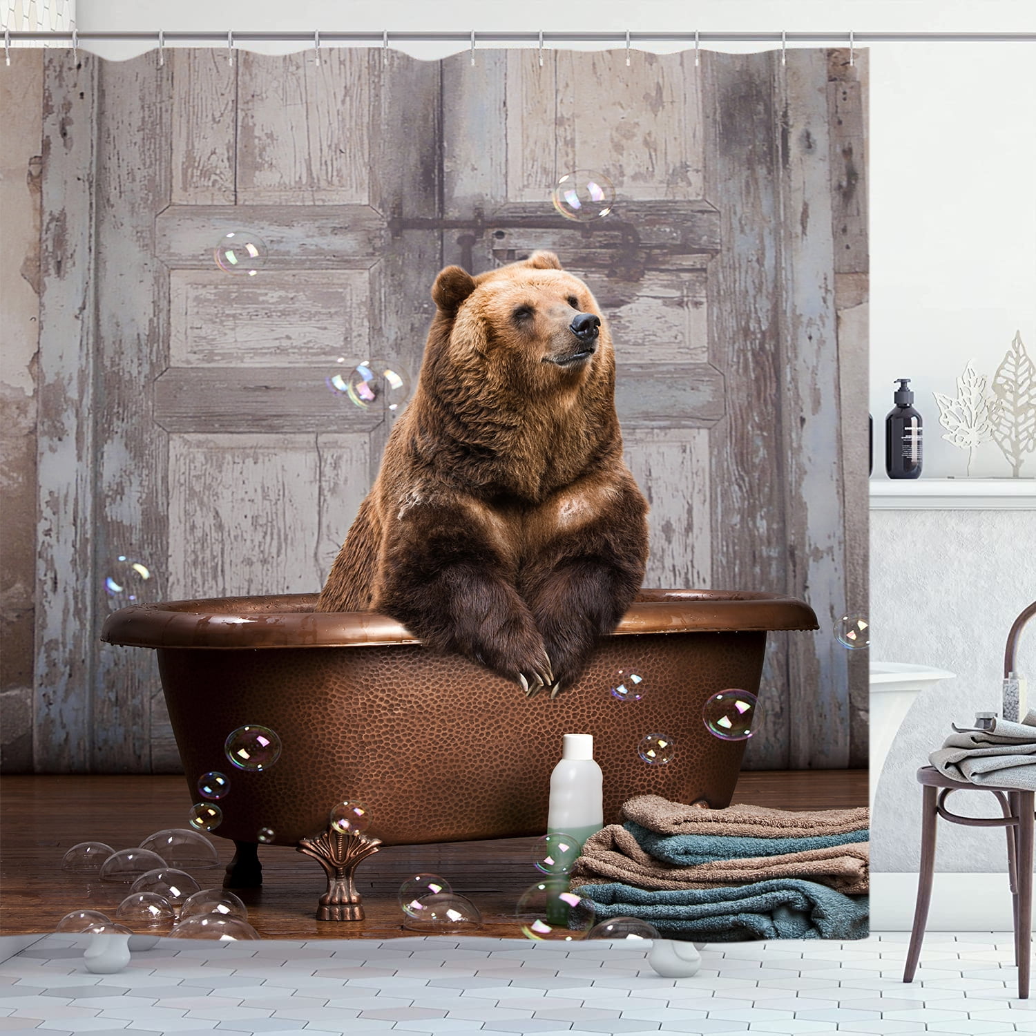 Funny Rustic Brown Bear Shower Curtain, Cute Bear in Bathtub Bubble ...