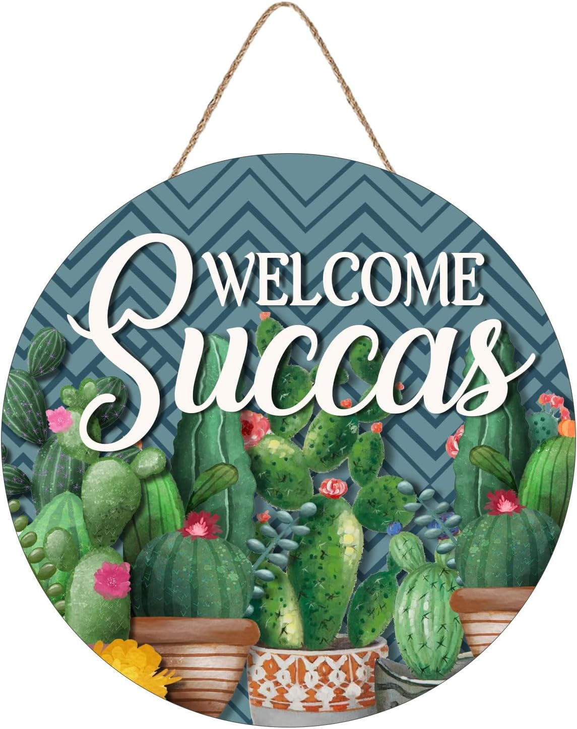 Funny Rustic Welcome Sign Cute Cactus Round Wood Sign For Front Door ...