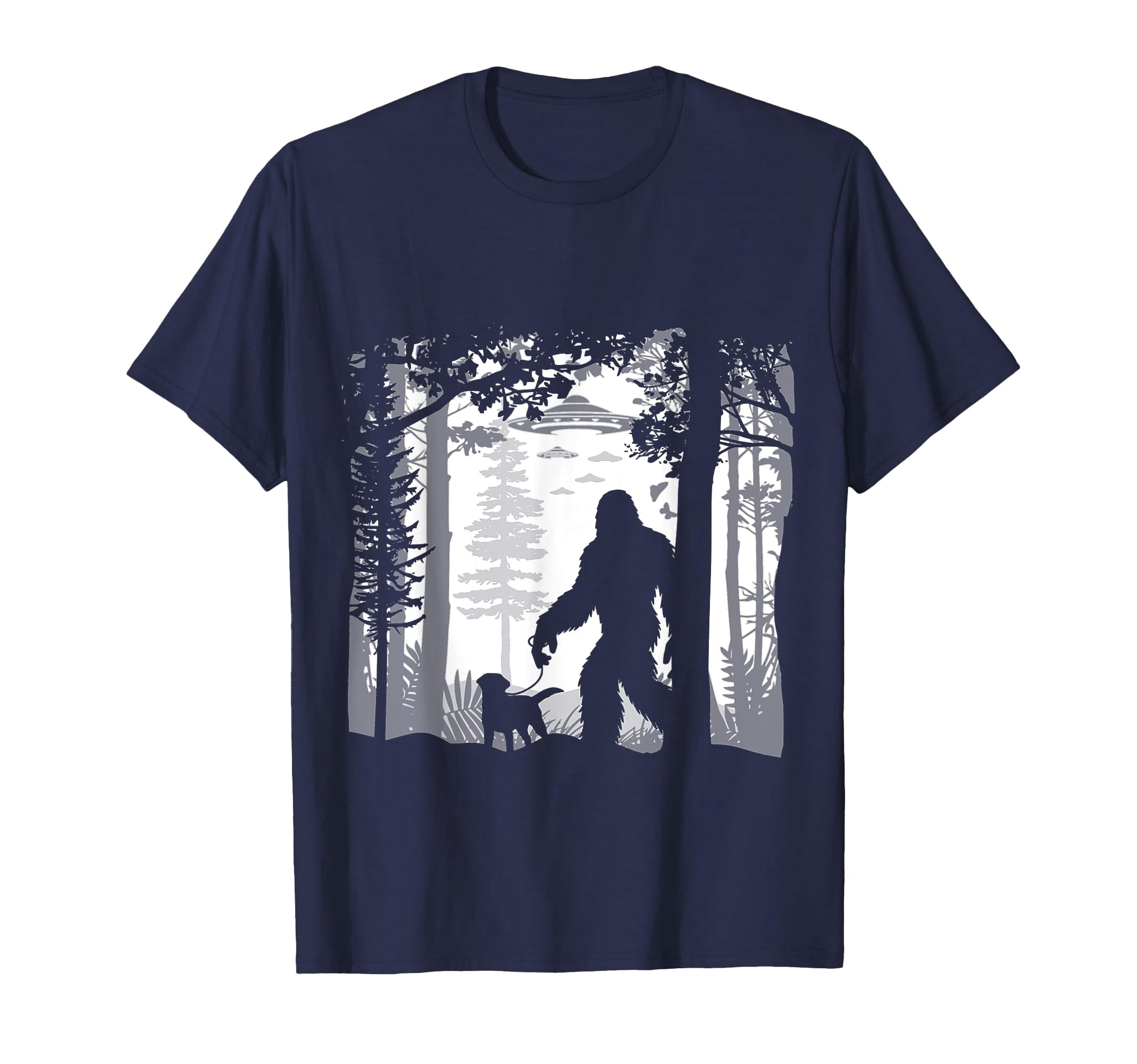 Funny Sasquatch Bigfoot Walking Dog in Woods with UFOs T-Shirt for ...