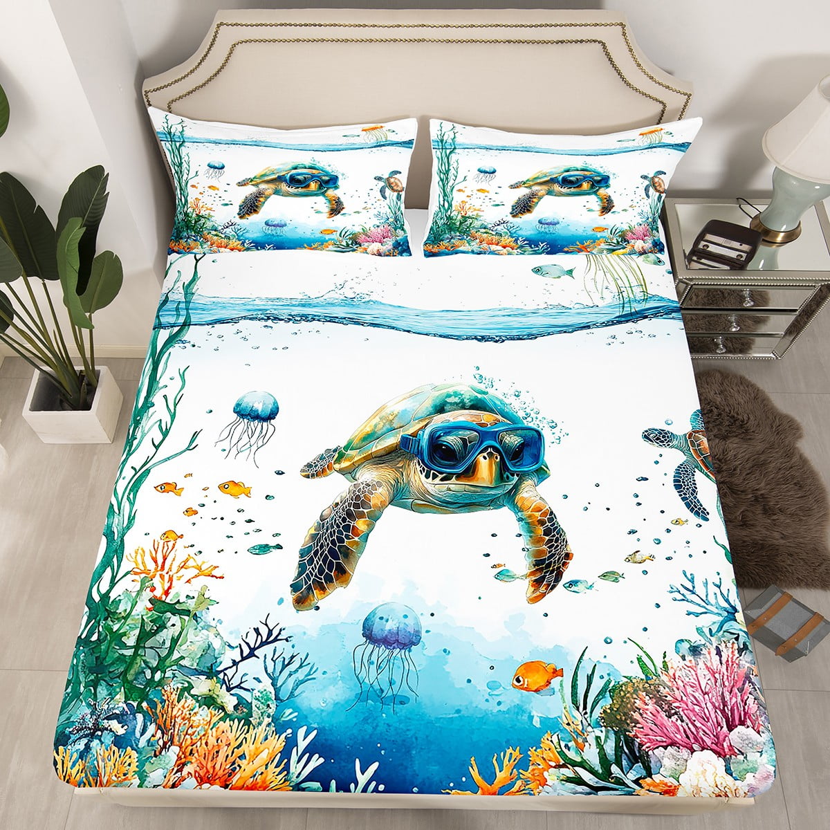 Funny Sea Turtle Fitted Sheet Tortoise Jellyfish Coastal Queen Bed ...