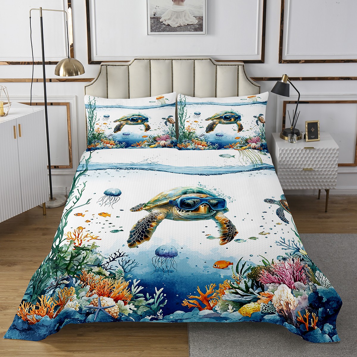 Funny Sea Turtle Quilt Set Tortoise Jellyfish Coastal King Bedspread ...
