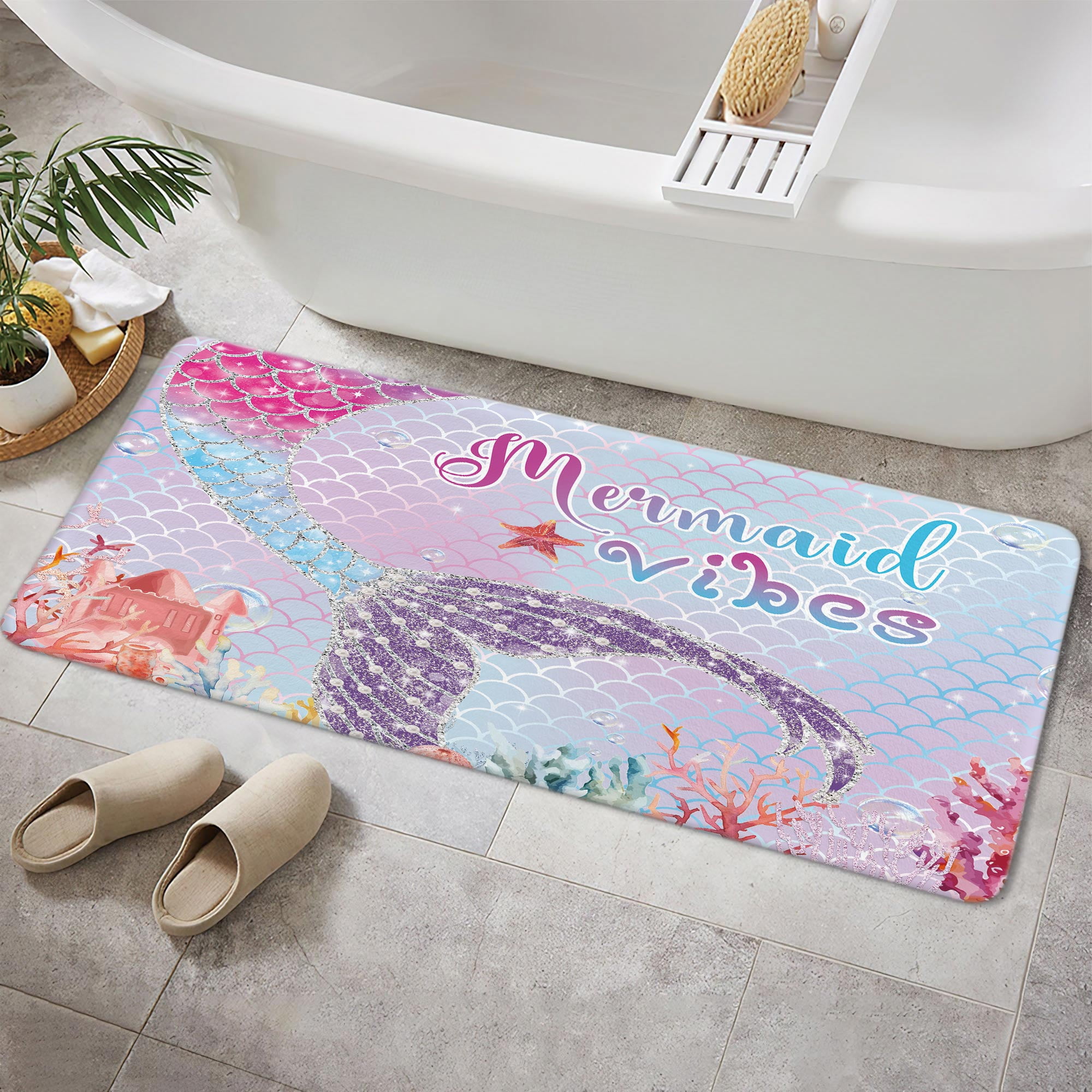 Funny Sea-maid Non Slip Bath Mat Rug for Kids, Mermaid Tail Pink Little ...