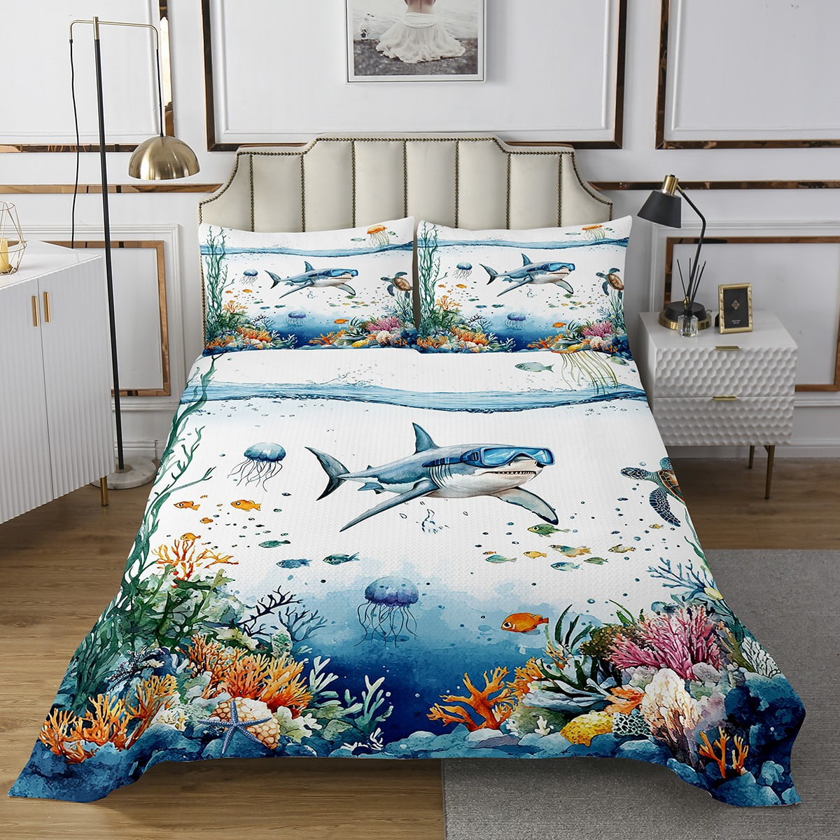 Funny Shark Quilt Set Sea Turtle Jellyfish Coastal Twin Bedspread Set ...