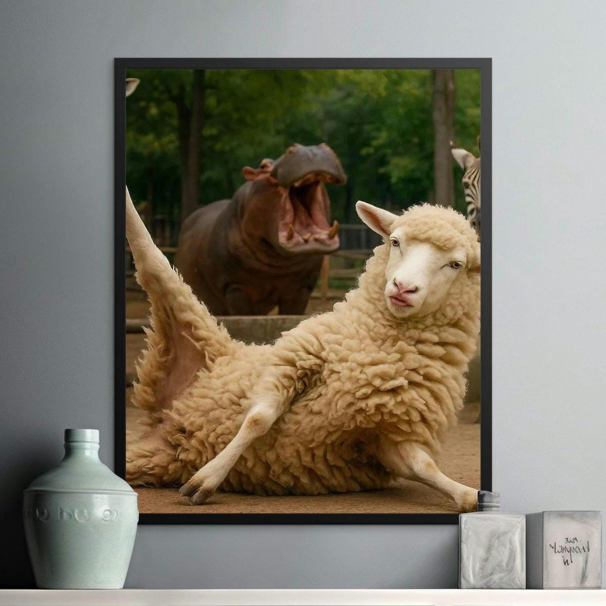 Funny Sheep Poster, Hilarious Animal Art, Hippo Zebra Backdrop, Unique ...
