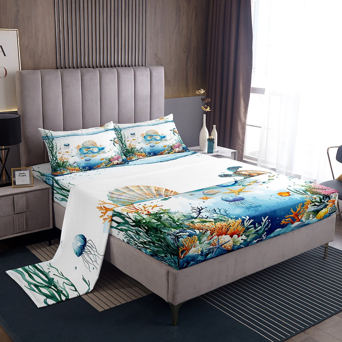 Funny Shell Bed Sheets Set Sea Turtle Jellyfish Coastal Sheet Set Full ...