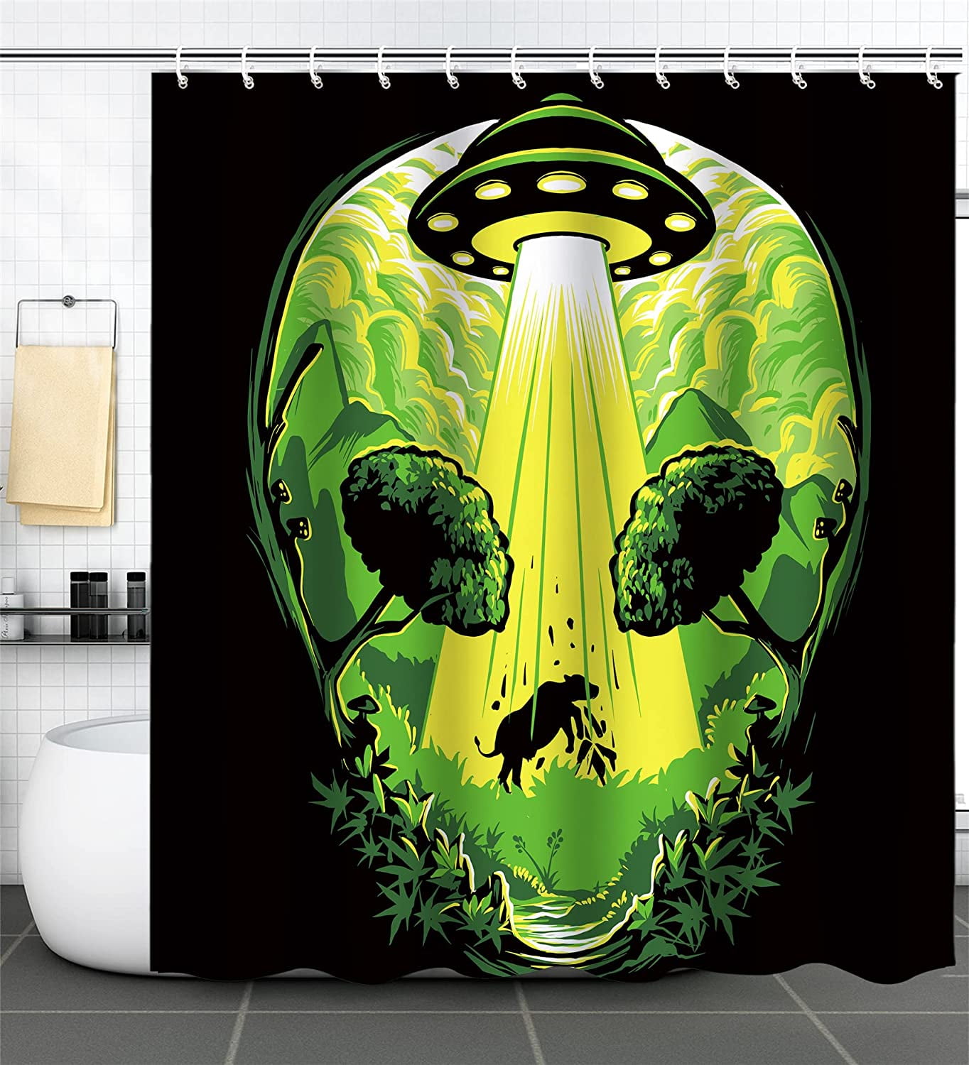 Funny Shower Curtain, Alien UFO Cow Abduction Shower Curtains for ...