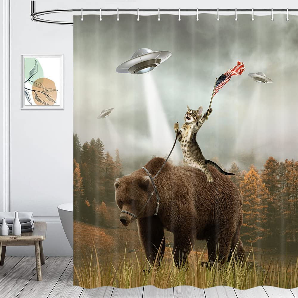 Drgilau Funny Shower Curtain, Cat Riding Bear, Woodland Hunting Decor ...