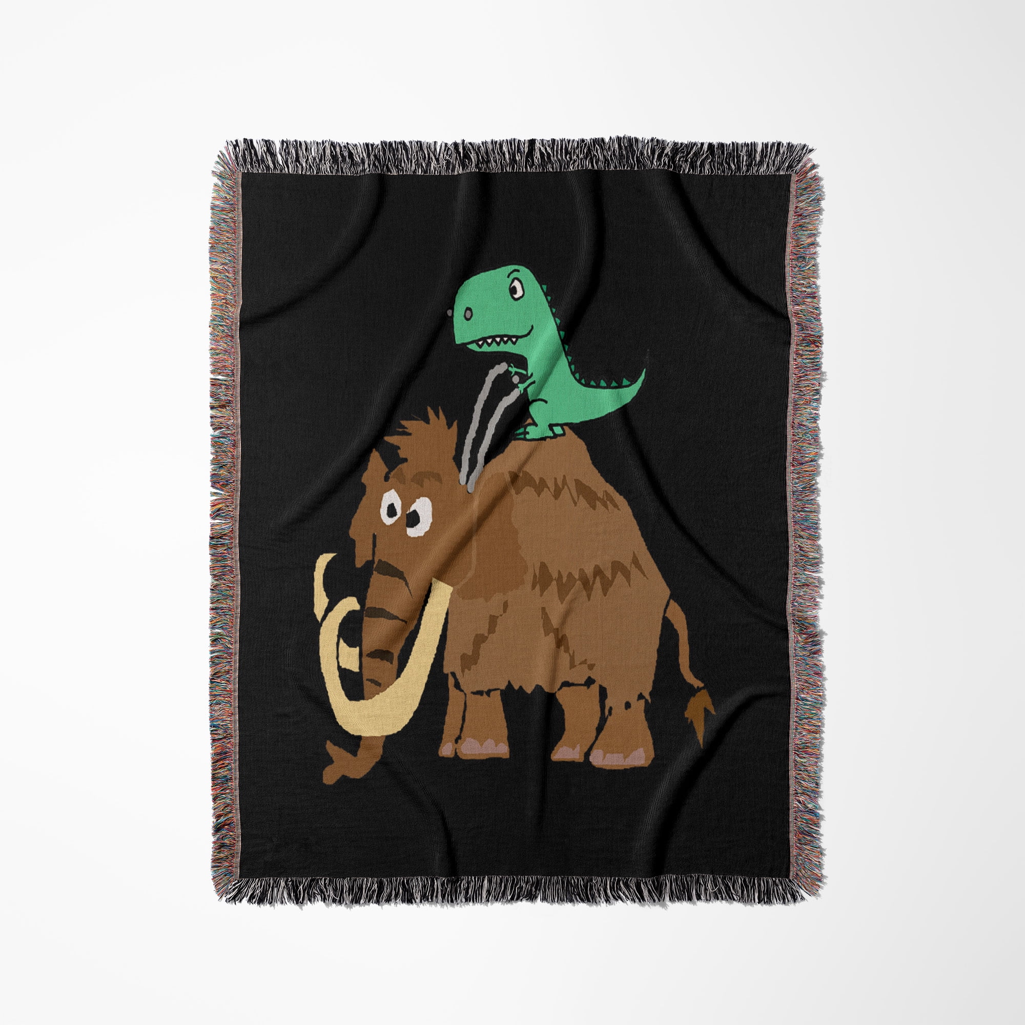 Funny Silly Green T-Rex Dinosaur Riding Woolly Mammoth Cartoon, Woven ...