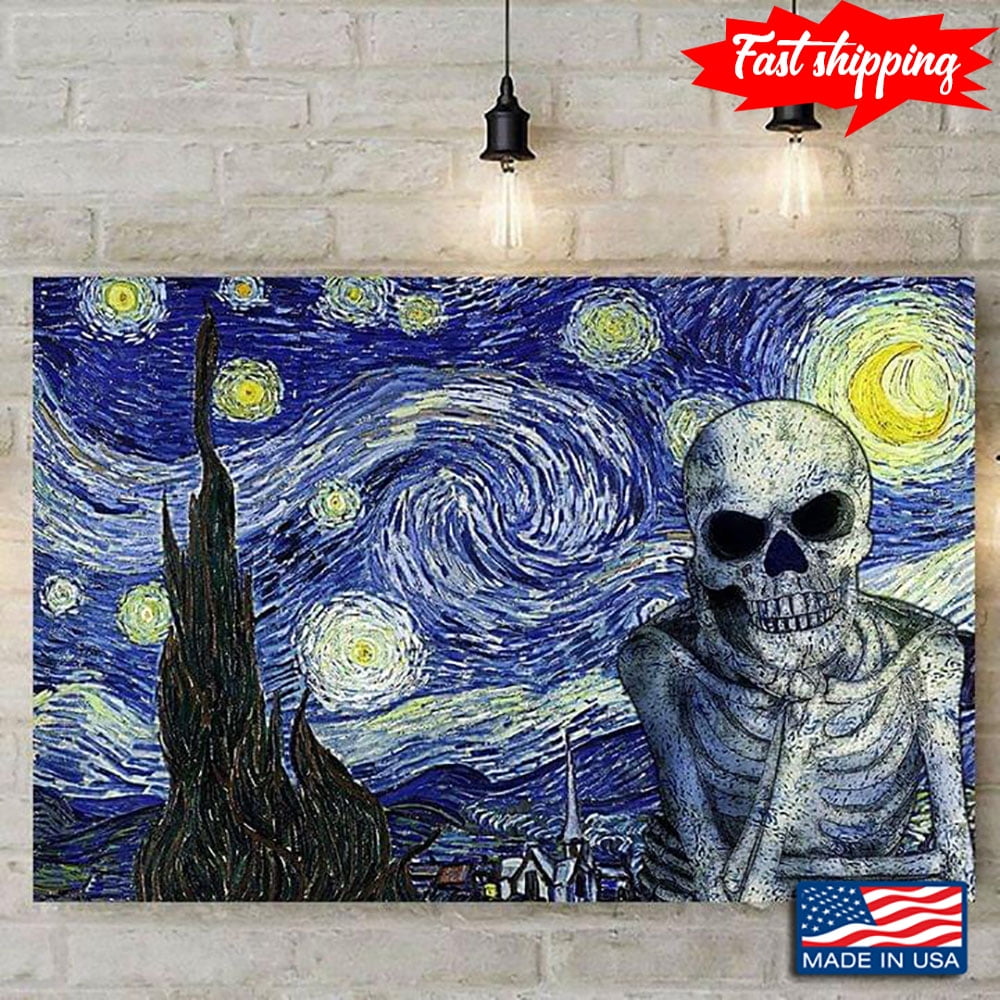 Funny Skeleton Resting His Chin On His Hand In The Starry Night Vincent ...