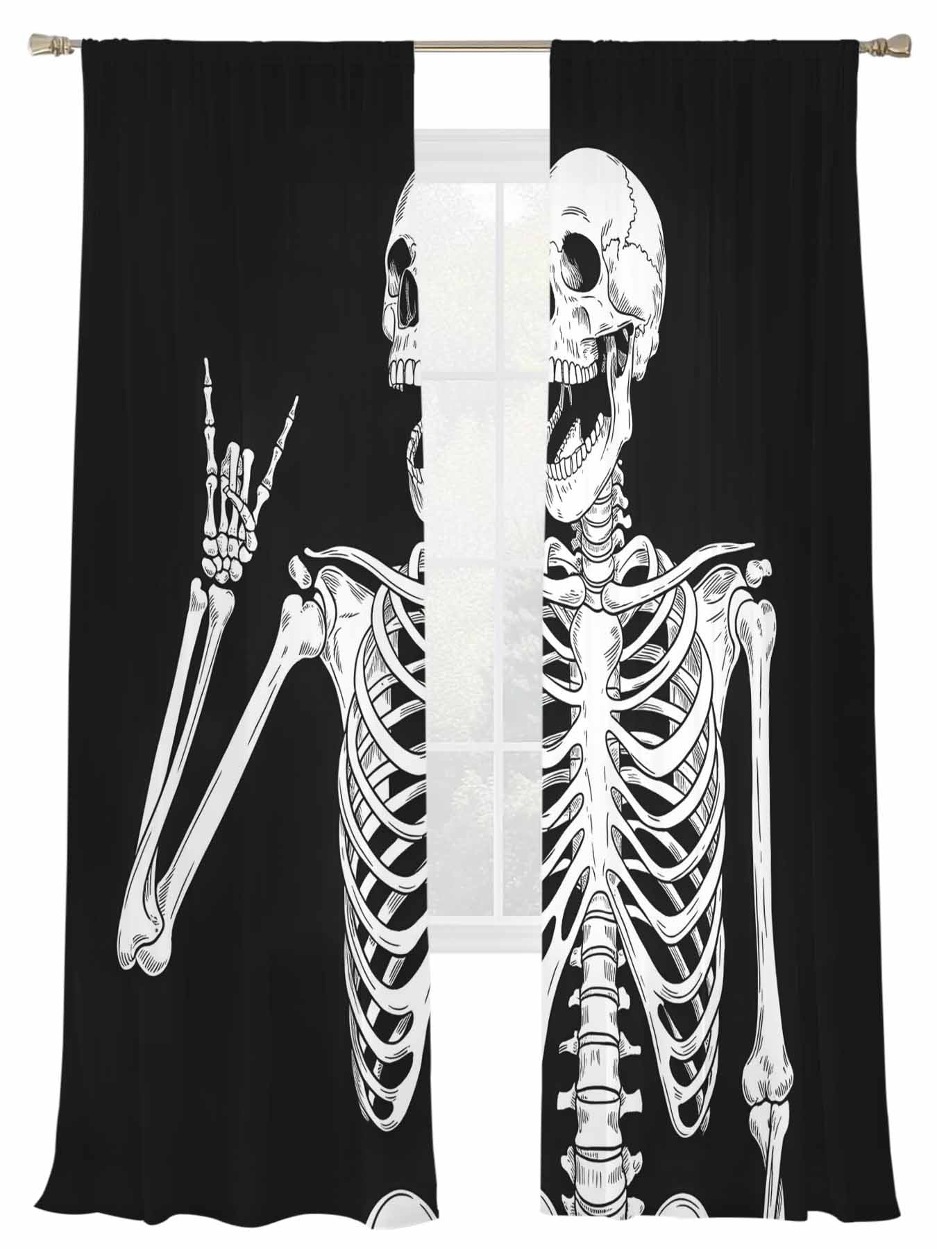 Funny Skeleton Sheer Curtains 108 inches Long, Black Skull Horror Night ...