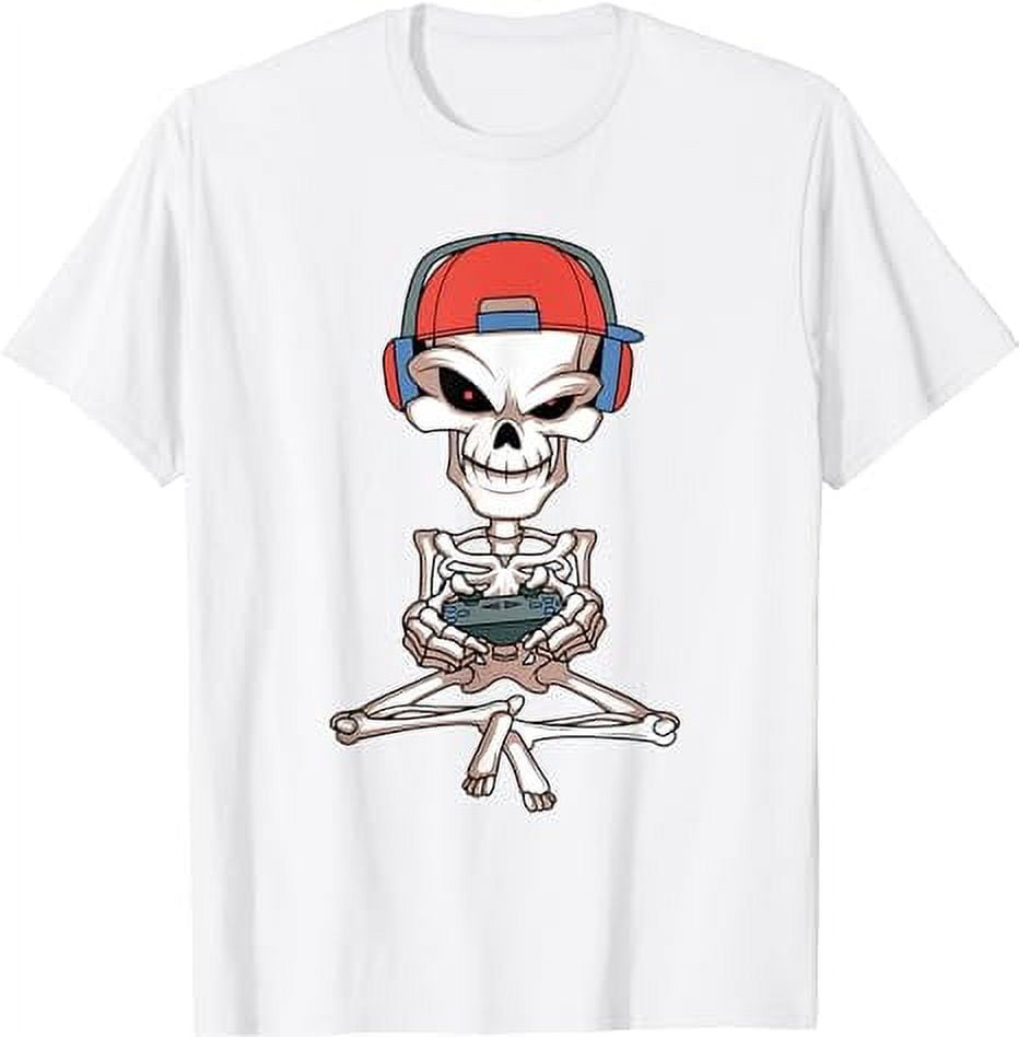 Funny Skeleton Skull Video Gamer Halloween Outfit Men Boys white T ...