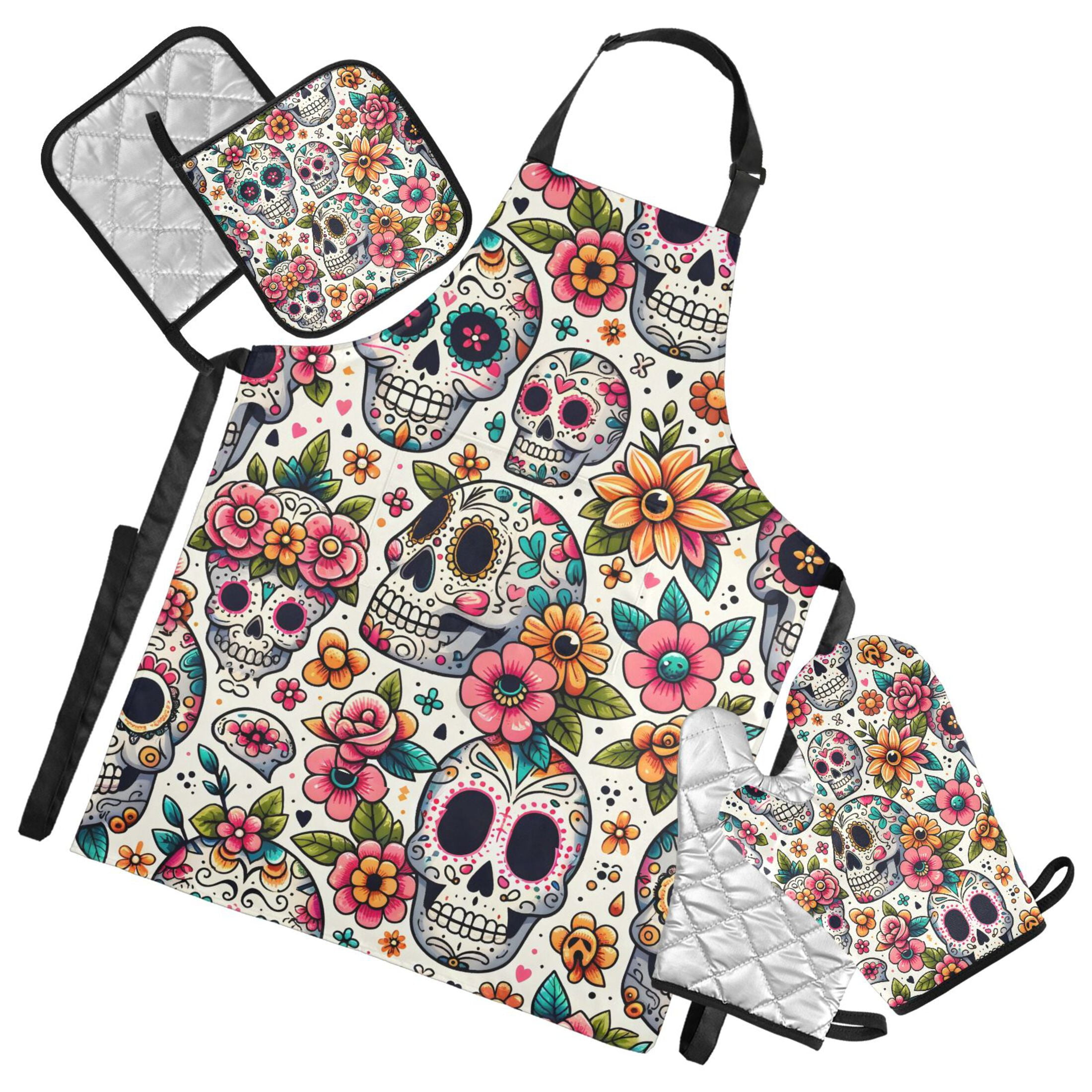 Funny Skulls with Flower 5 Pcs Kitchen Set Heat Resistant Oven Mitts ...