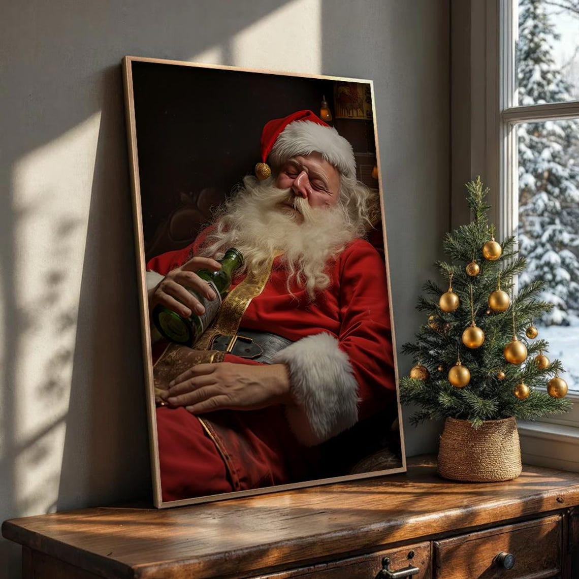 Funny Sleeping Santa with Beer : Vintage Christmas Wall Art, Stretched ...