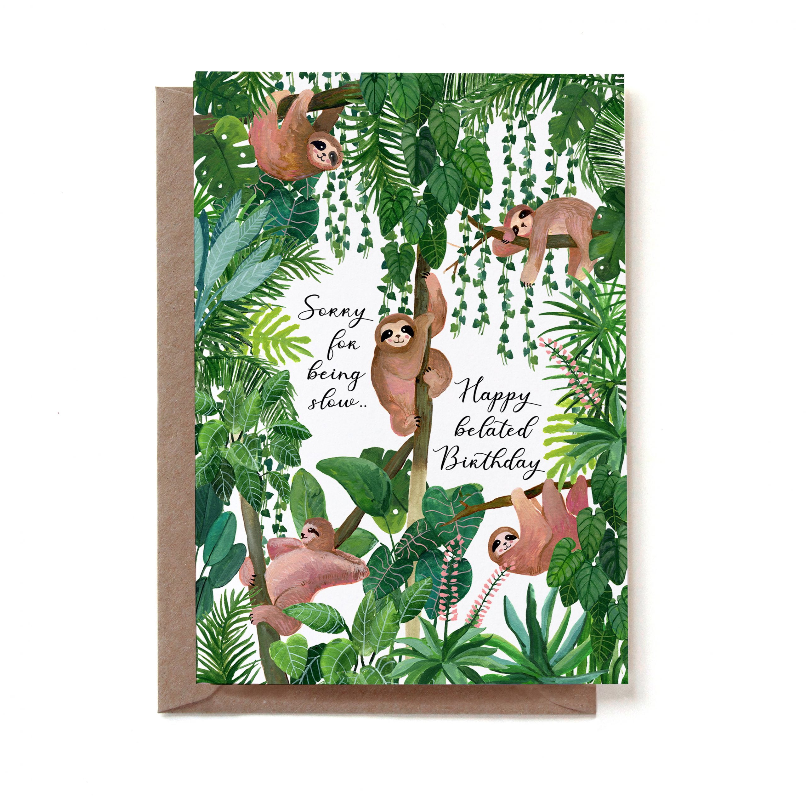 Funny Sloth Birthday Card – "Sorry for Being Slow" – Happy Belated ...