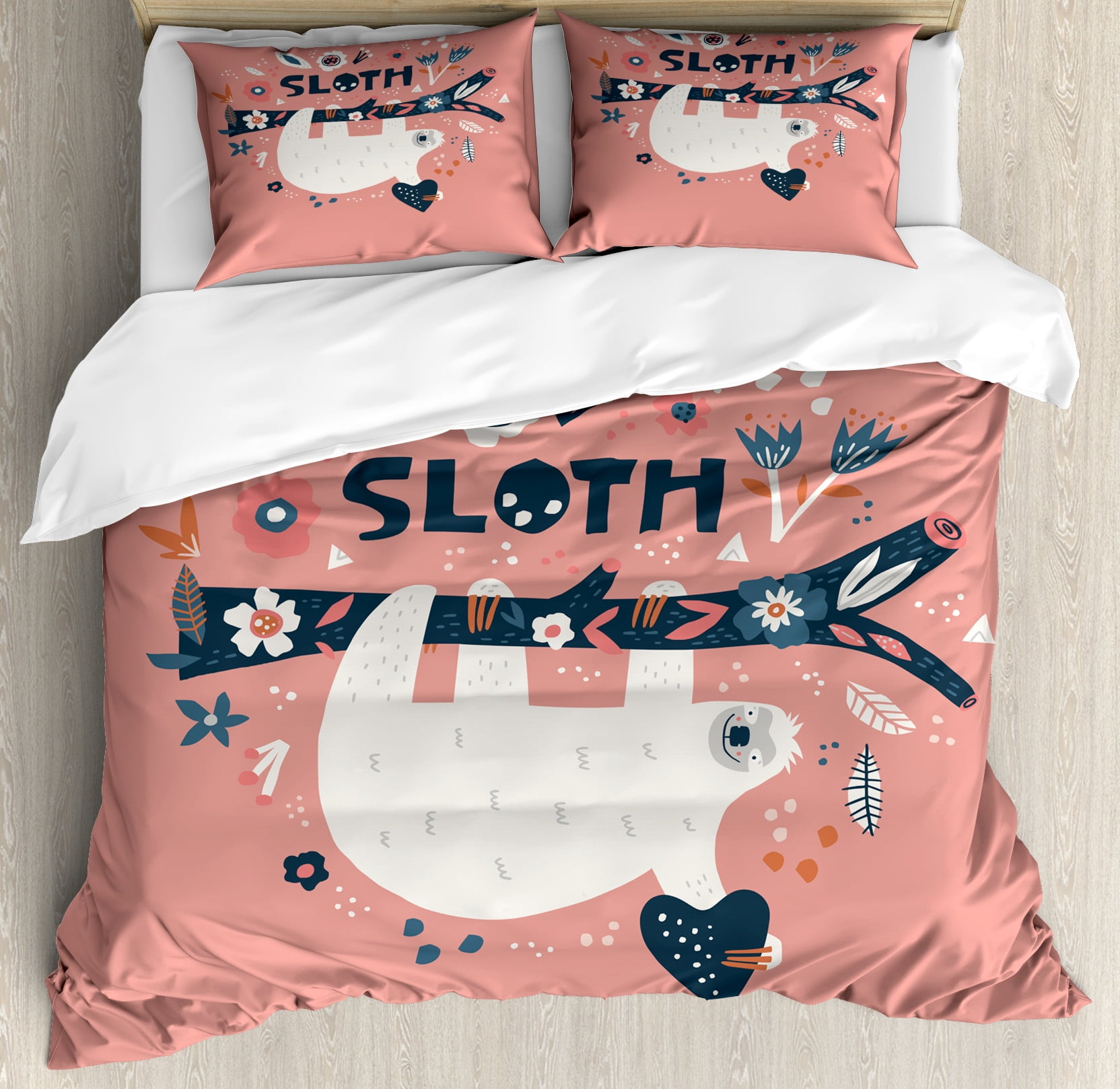 Funny Sloth Duvet Cover Set, Flowers Leaves Branches Happy Lazy Life ...