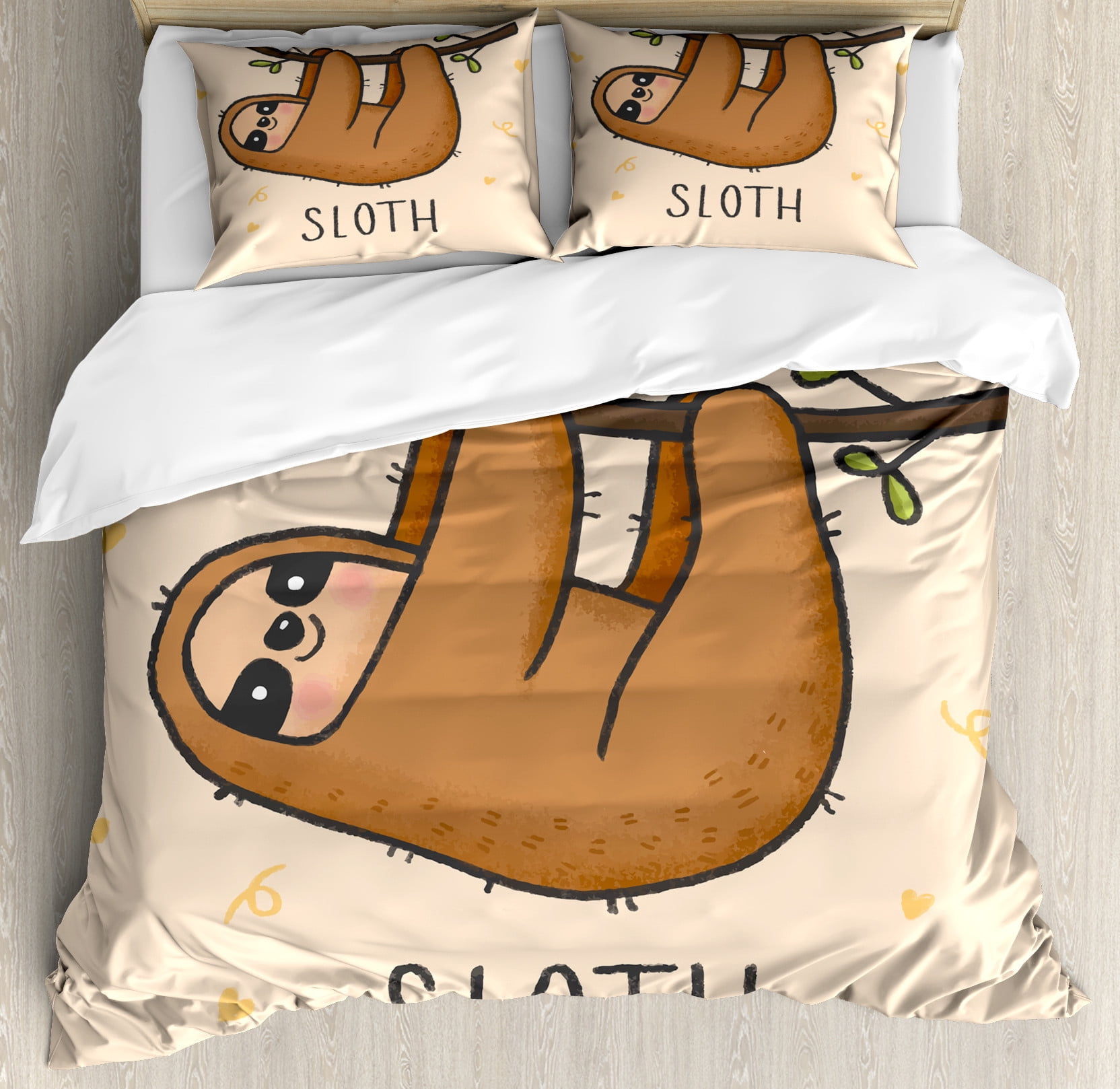 Funny Sloth Duvet Cover Set, Lazy Animal Smiling Hearts and Leaves ...