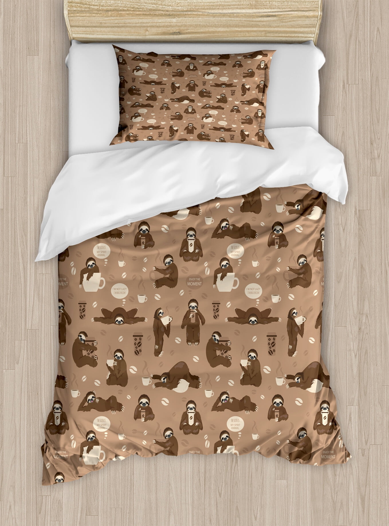 Funny Sloth Duvet Cover Set, Whimsical Lazy Animal with Morning Coffee ...