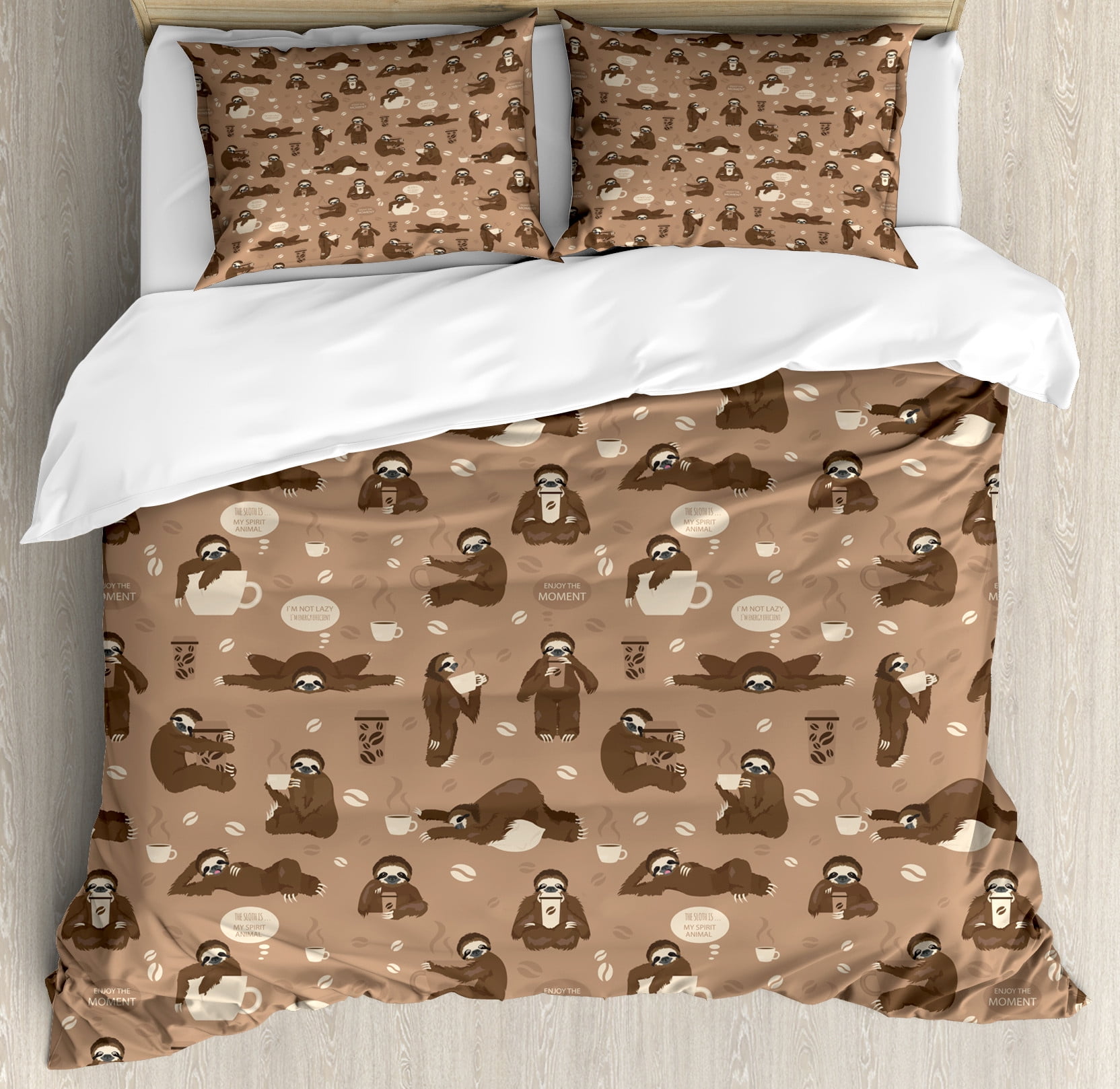 Funny Sloth Duvet Cover Set, Whimsical Lazy Animal with Morning Coffee ...