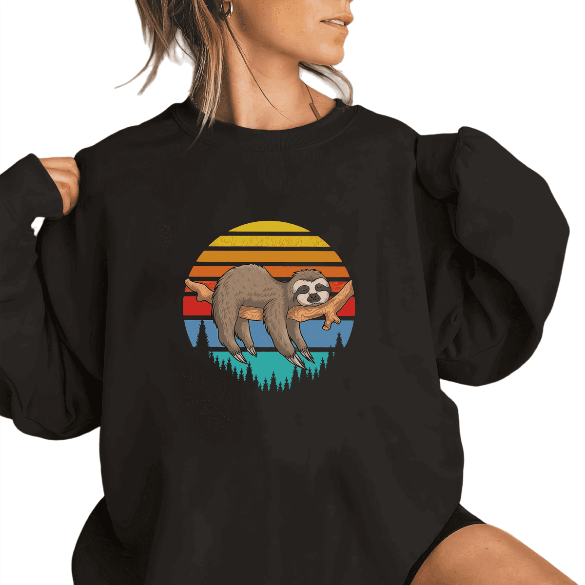 Funny Sloth Hanging on Branch Sweatshirt Retro Sunset Animal Graphic ...