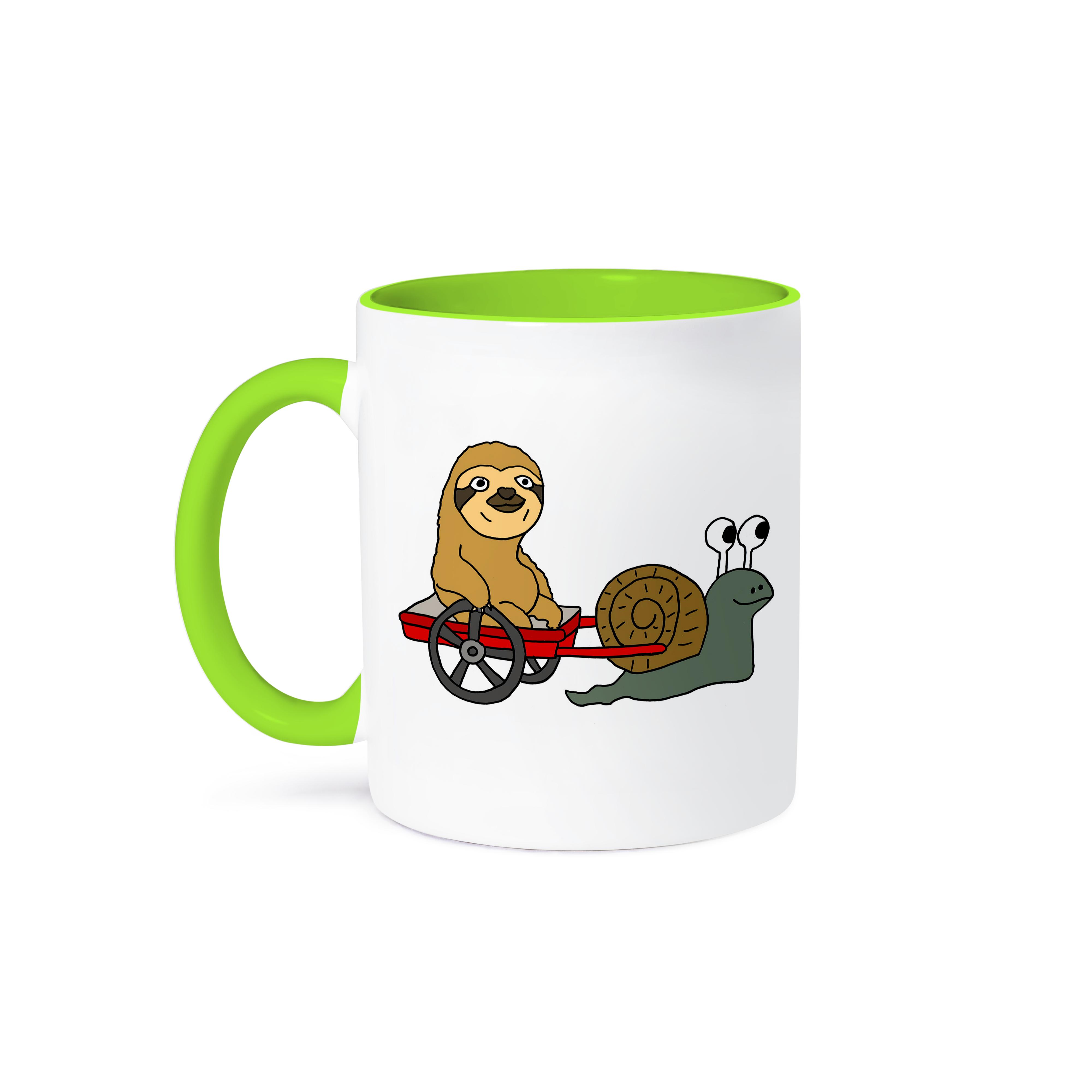 Funny Sloth In Red Wagon Pulled By Snail, 11oz Two-Tone Green Mug ...