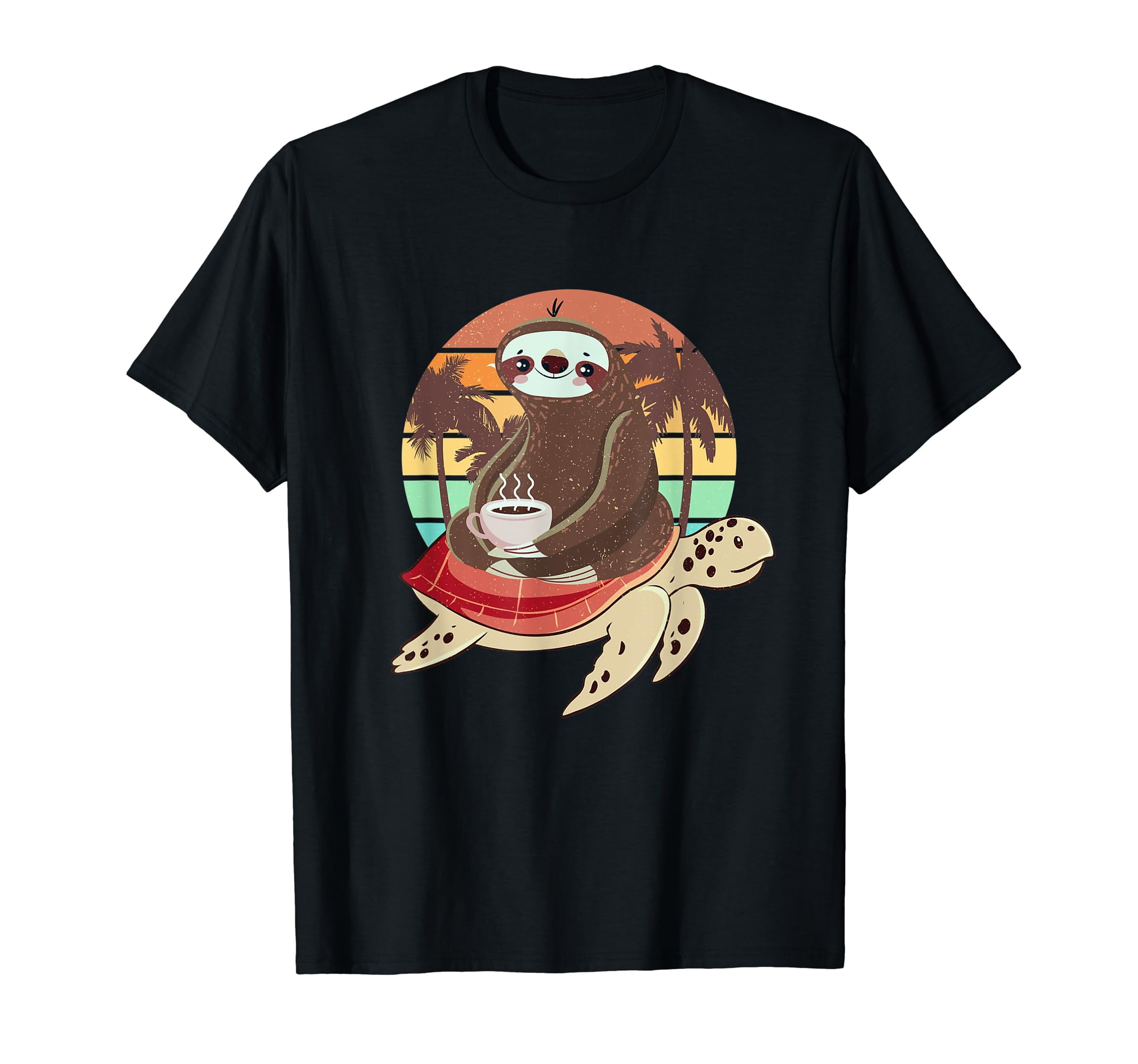 Funny Sloth Riding Turtle and Drinking Its Morning Coffee T-Shirt ...